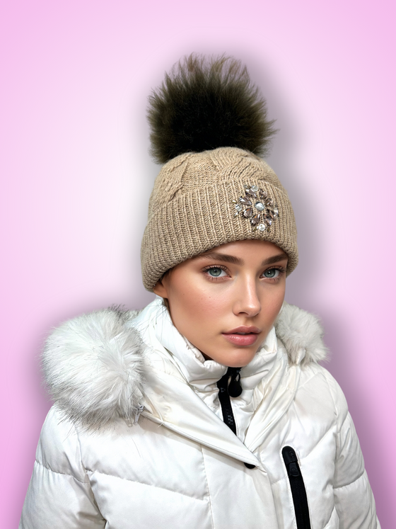 100% Baby Alpaca Beanies with Large Alpaca Fur Pom Pom and Crystals ...